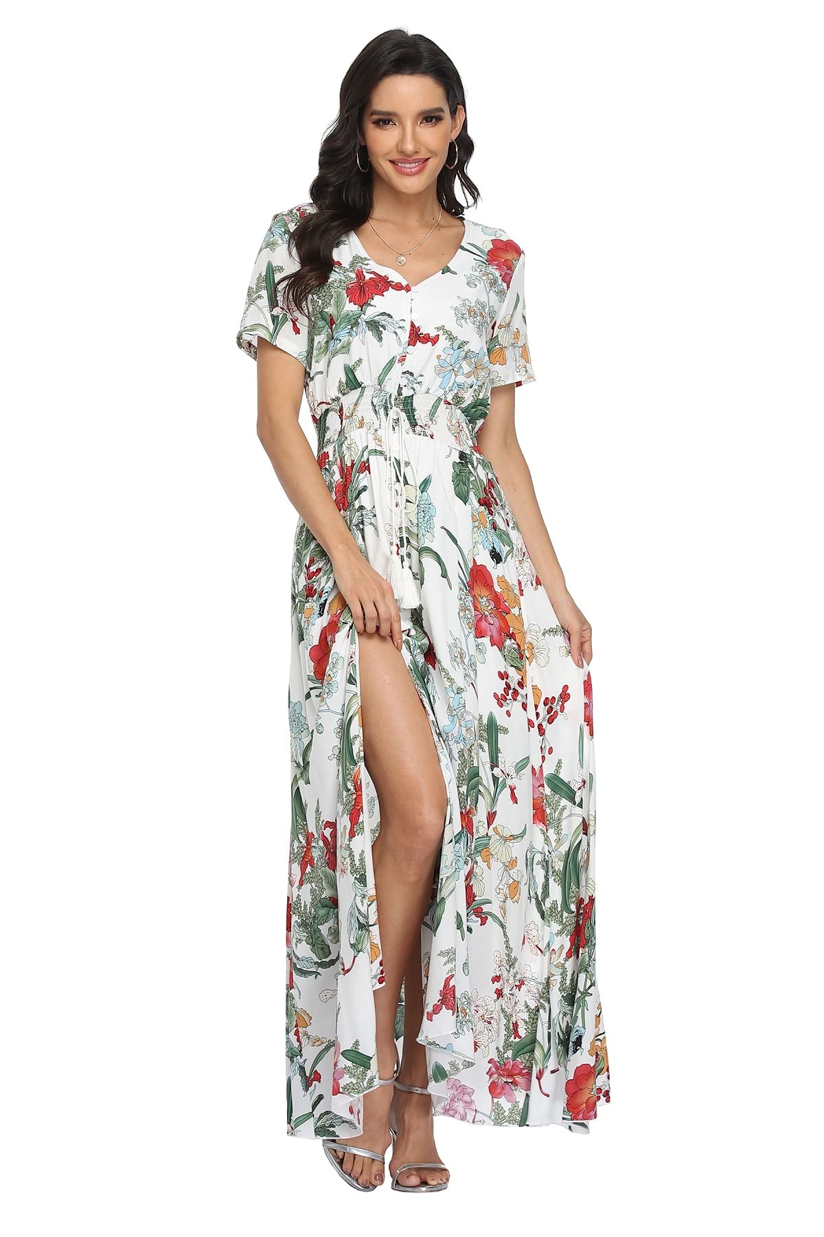 VintageClothing Women's Floral Maxi Dresses Boho Button Up Split Summer Casual Long Dress Beach Party Dress, L