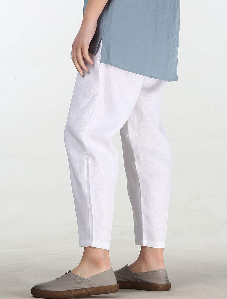 LaovanIn Women's Linen Cropped Pants Tapered Ankle Capris Trousers Elastic Waist Large White