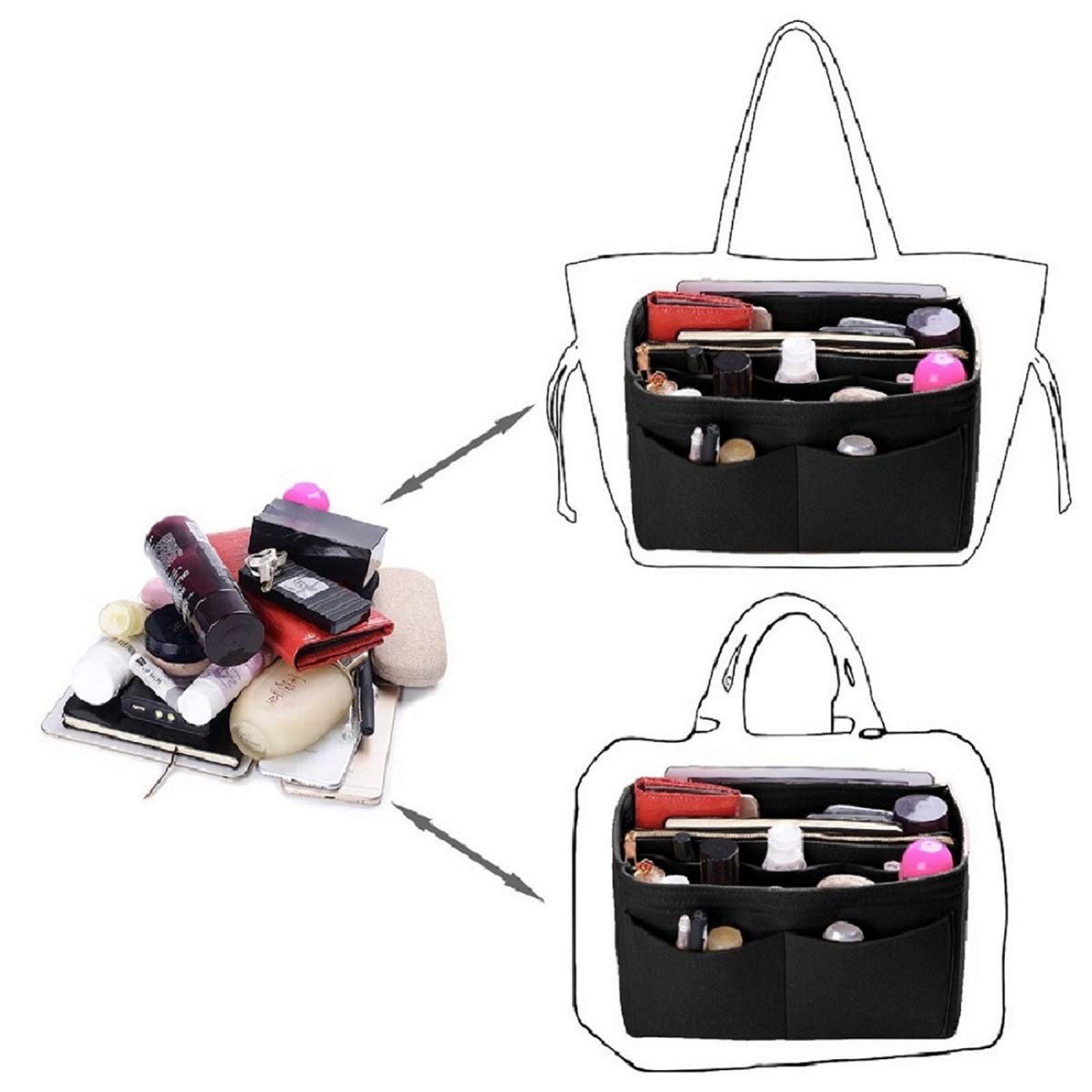 ZTUJO Purse Organizer Insert, Felt Bag Organizer with Metal Zipper, Handbag & Tote Shaper, For Speedy Neverfull Tote, 7 Sizes(Slender Medium, Black)