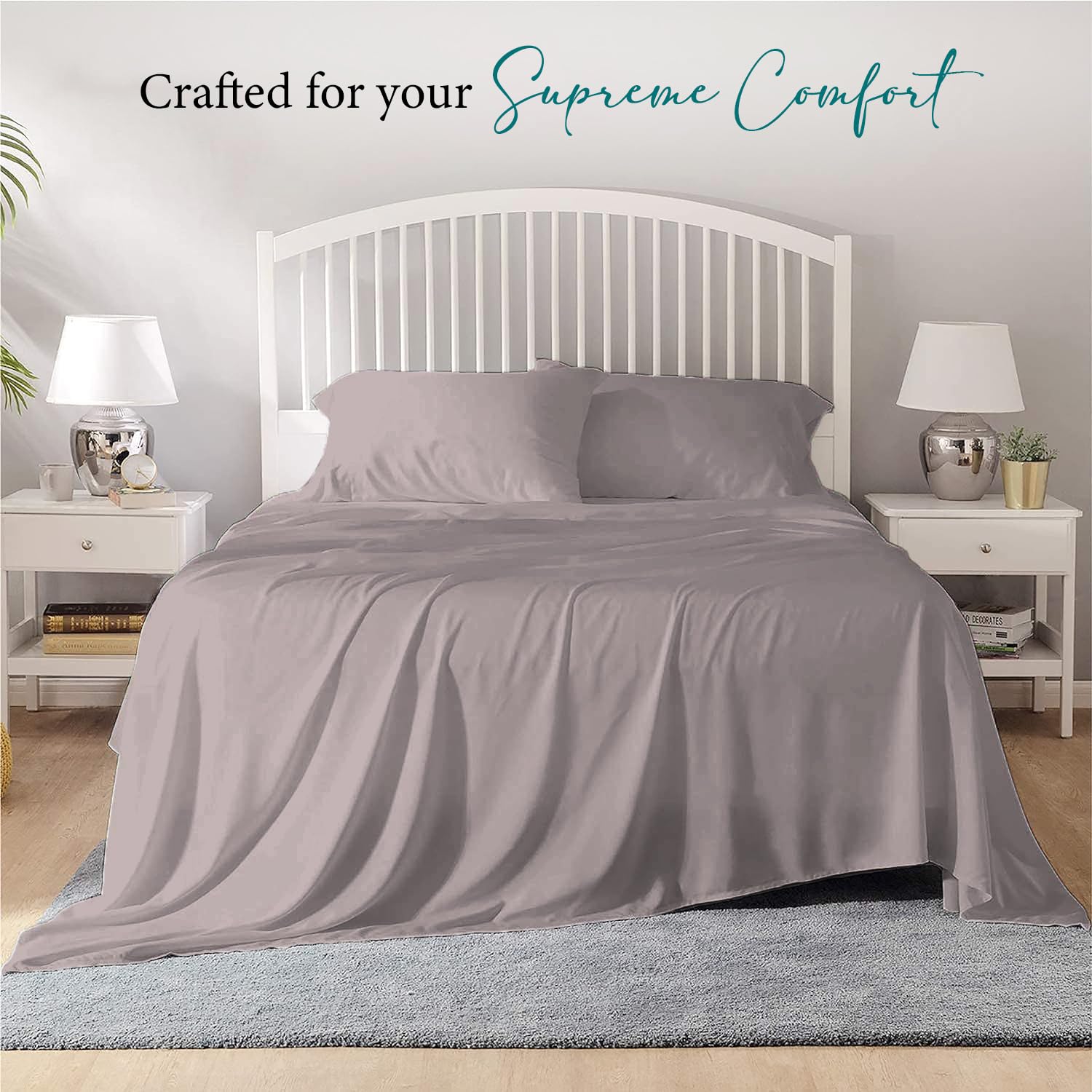 Bunny's Home 4 Piece Full Bed Sheet Set Egyptian Cotton Light Grey Full Size Sheet Set Breathable Sheets Extra Deep Pocket Full Sheets Fits 17 Inch Deep Mattress Machine Washable Cooling Sheets
