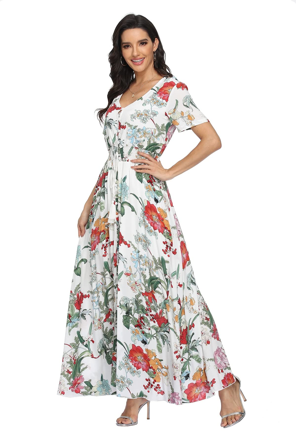 VintageClothing Women's Floral Maxi Dresses Boho Button Up Split Summer Casual Long Dress Beach Party Dress, L