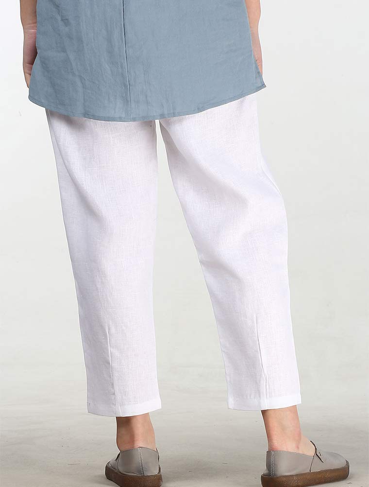 LaovanIn Women's Linen Cropped Pants Tapered Ankle Capris Trousers Elastic Waist Large White