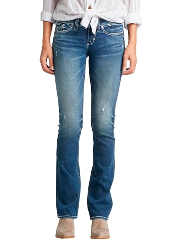 Silver Jeans Co. Women's Tuesday Low Rise Slim Bootcut Jeans, Medium Indigo Distressed, 25W x 35L