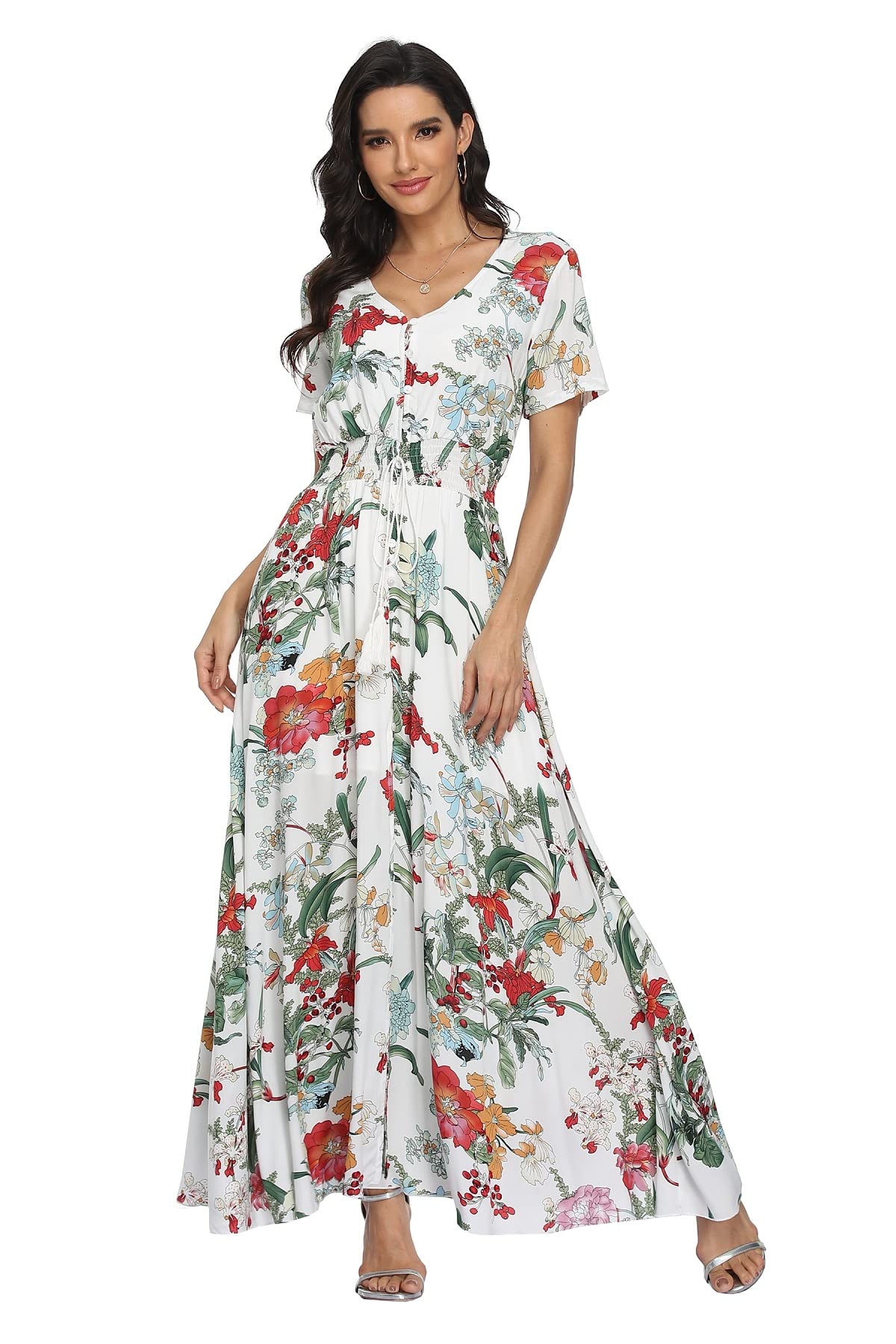 VintageClothing Women's Floral Maxi Dresses Boho Button Up Split Summer Casual Long Dress Beach Party Dress, L