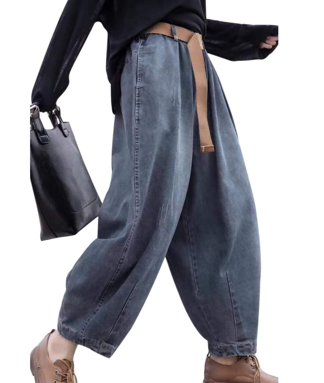 YESNO Women Casual Loose Cropped Trousers Pants Denim Bloomers Elastic Waist with Pockets XL PJDTYP1 Blue