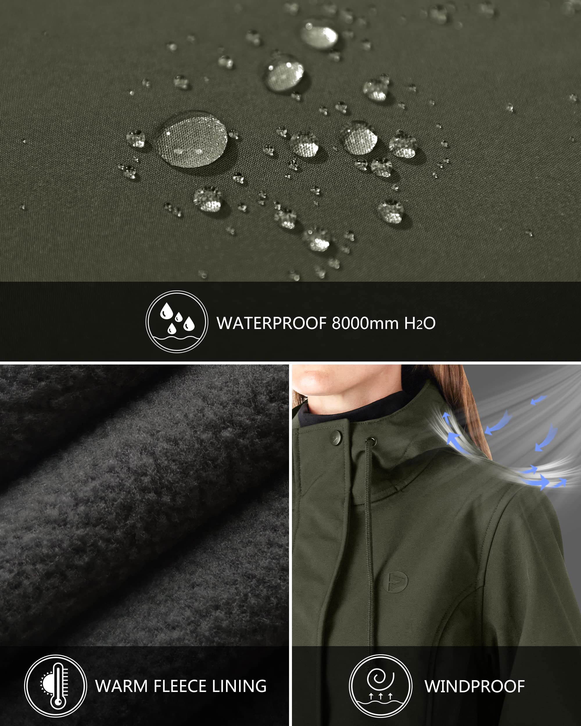 Outdoor Ventures Women's Lightweight Waterproof Fleece Lined Hooded Softshell Rain Jacket, Warm Windbreaker Long Coat