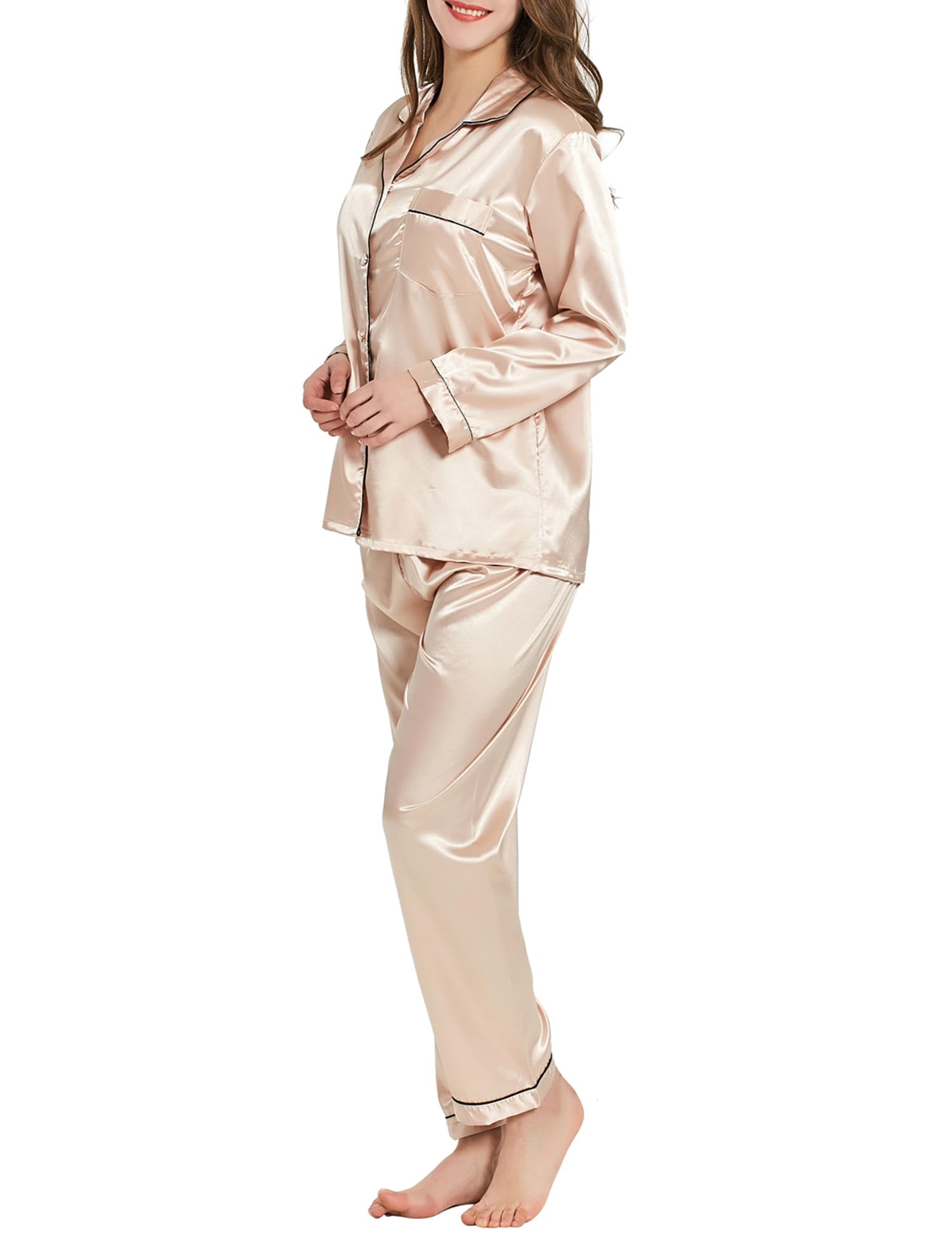 GAESHOW Silk Pajamas for Women Long Sleeve Button Down Sleepwear 2 Piece Loungewear Pjs Set Champagne