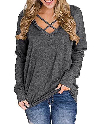 Genhoo Women's V Neck Criss Cross Long Sleeve T Shirt Casual Tunics Tops Pullover (Dark Grey,S)