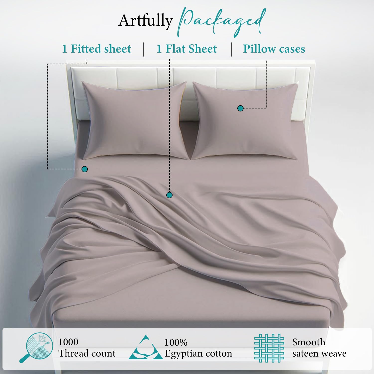 Bunny's Home 4 Piece Full Bed Sheet Set Egyptian Cotton Light Grey Full Size Sheet Set Breathable Sheets Extra Deep Pocket Full Sheets Fits 17 Inch Deep Mattress Machine Washable Cooling Sheets