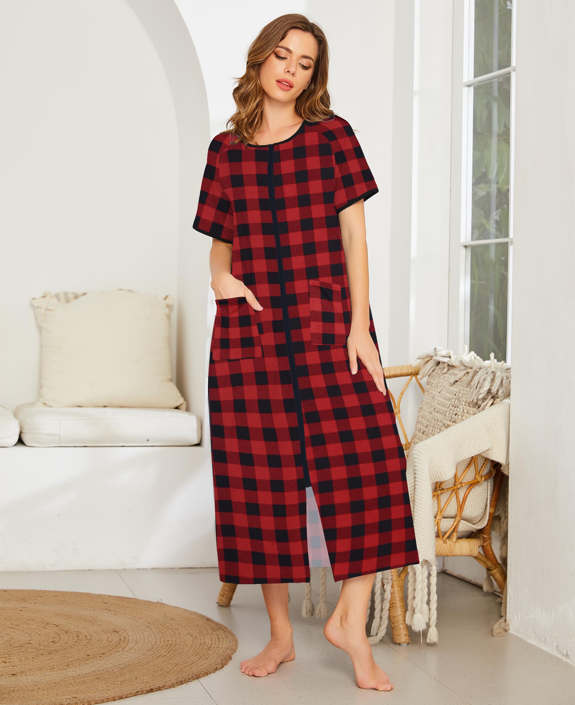 Ekouaer Women Robes Zipper Front Short Sleeve Full Length Housecoat with Pockets Loungewear Red Plaid,2XL
