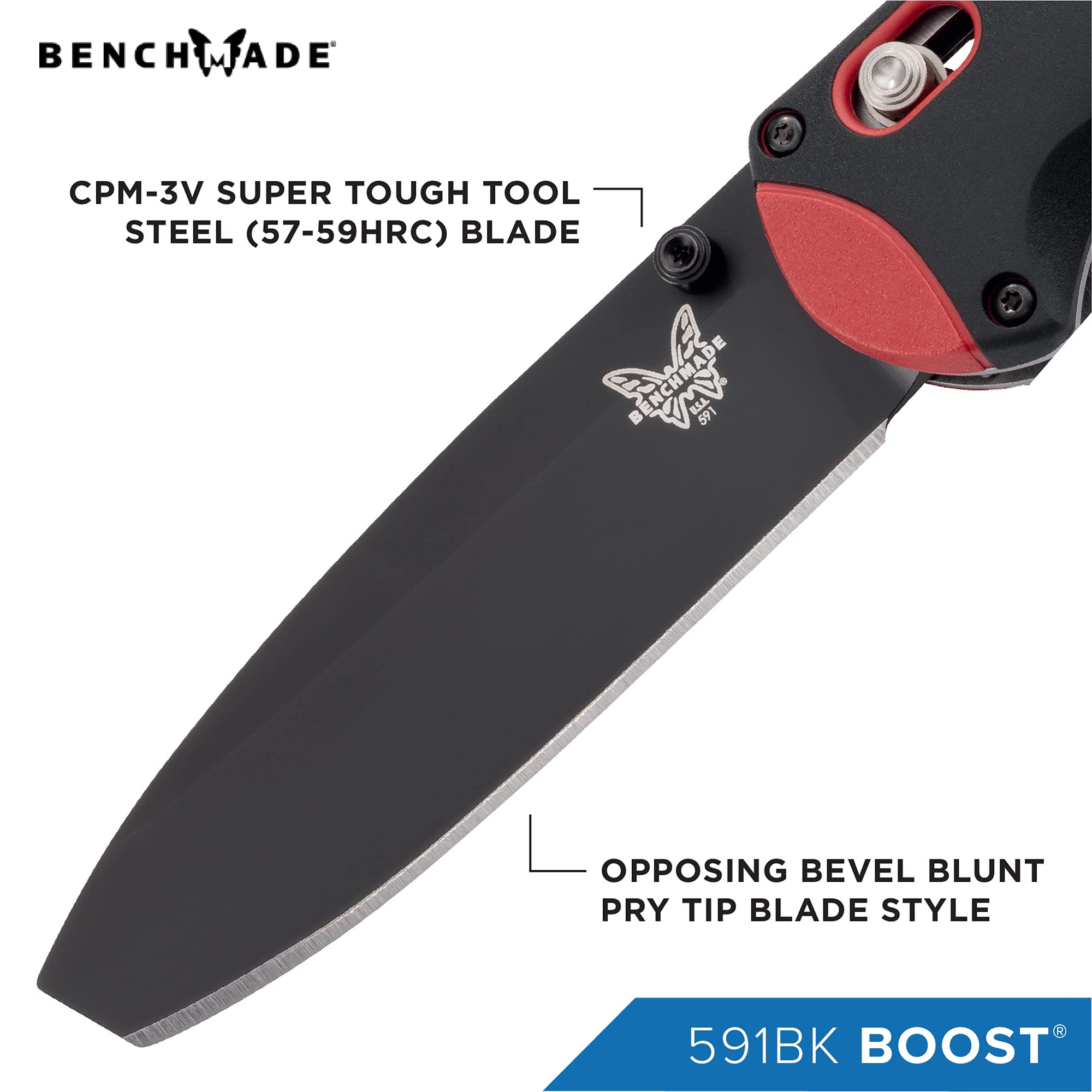 Benchmade - 591BK Boost Knife, Opposing Bevel Blade, Plain Edge, Black/Red Grivory Handle