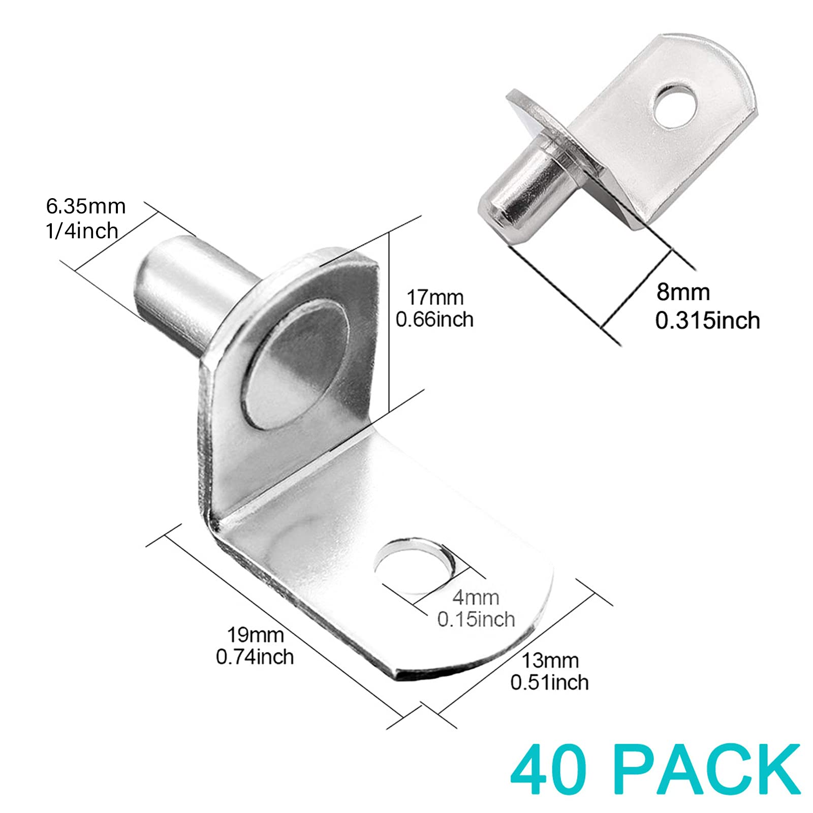 40 Pcs Shelf Support Pegs,1/4 Inch Diameter Shelf Bracket Pegs with Hole,Nickel Plated L-Shaped Clips for Kitchen & Bookcase Shelf Cabinet Furniture Closet Shelf Pins Support