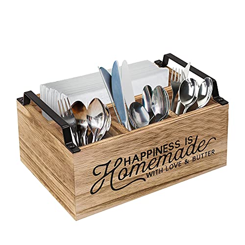 Kitchen Countertop Utensil Holder, Rustic Kitchen Utensil Caddy, Flatware Caddy and Silverware Organizer, Wood Utensil Caddy for Kitchen Countertop Organizer