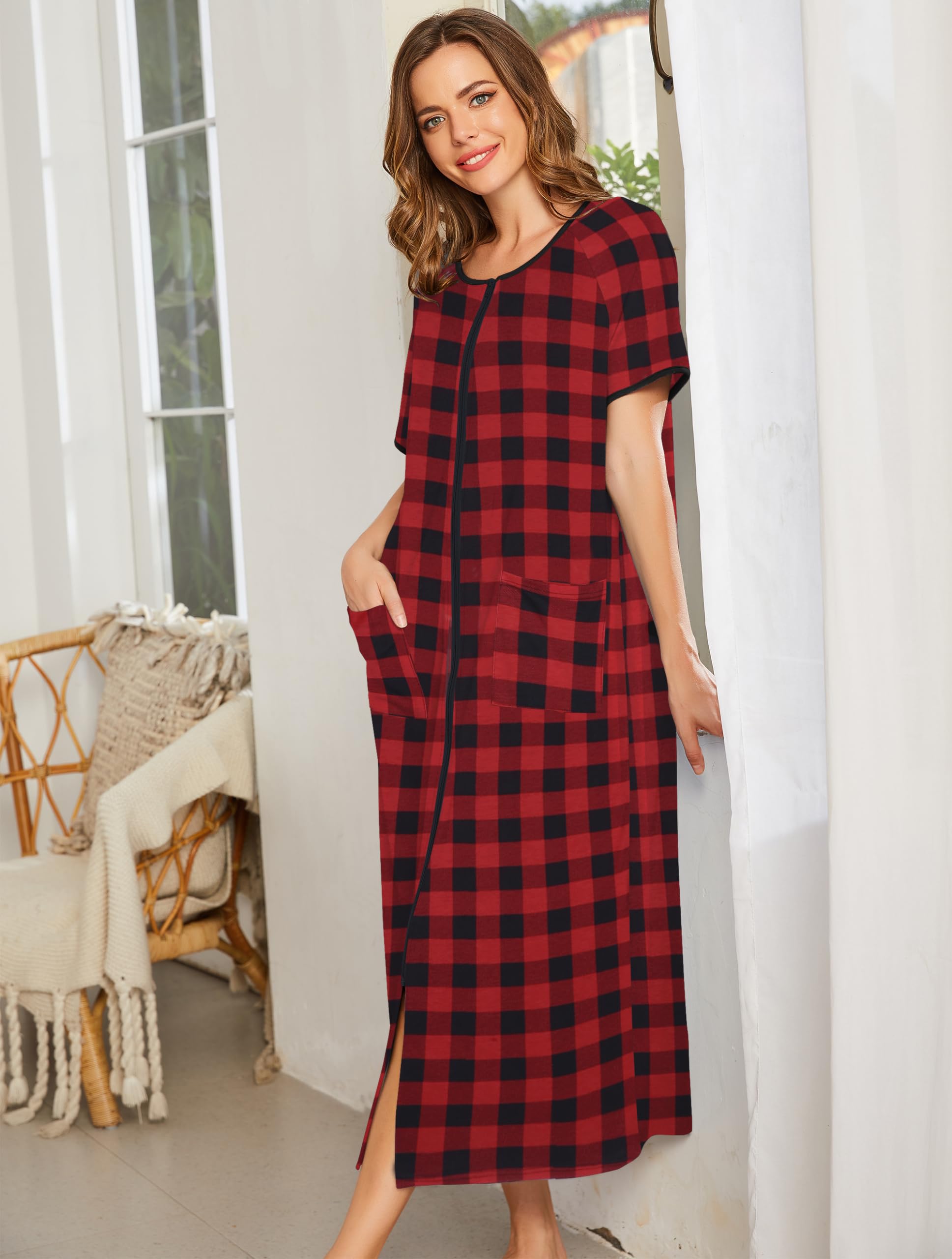 Ekouaer Women Robes Zipper Front Short Sleeve Full Length Housecoat with Pockets Loungewear Red Plaid,2XL