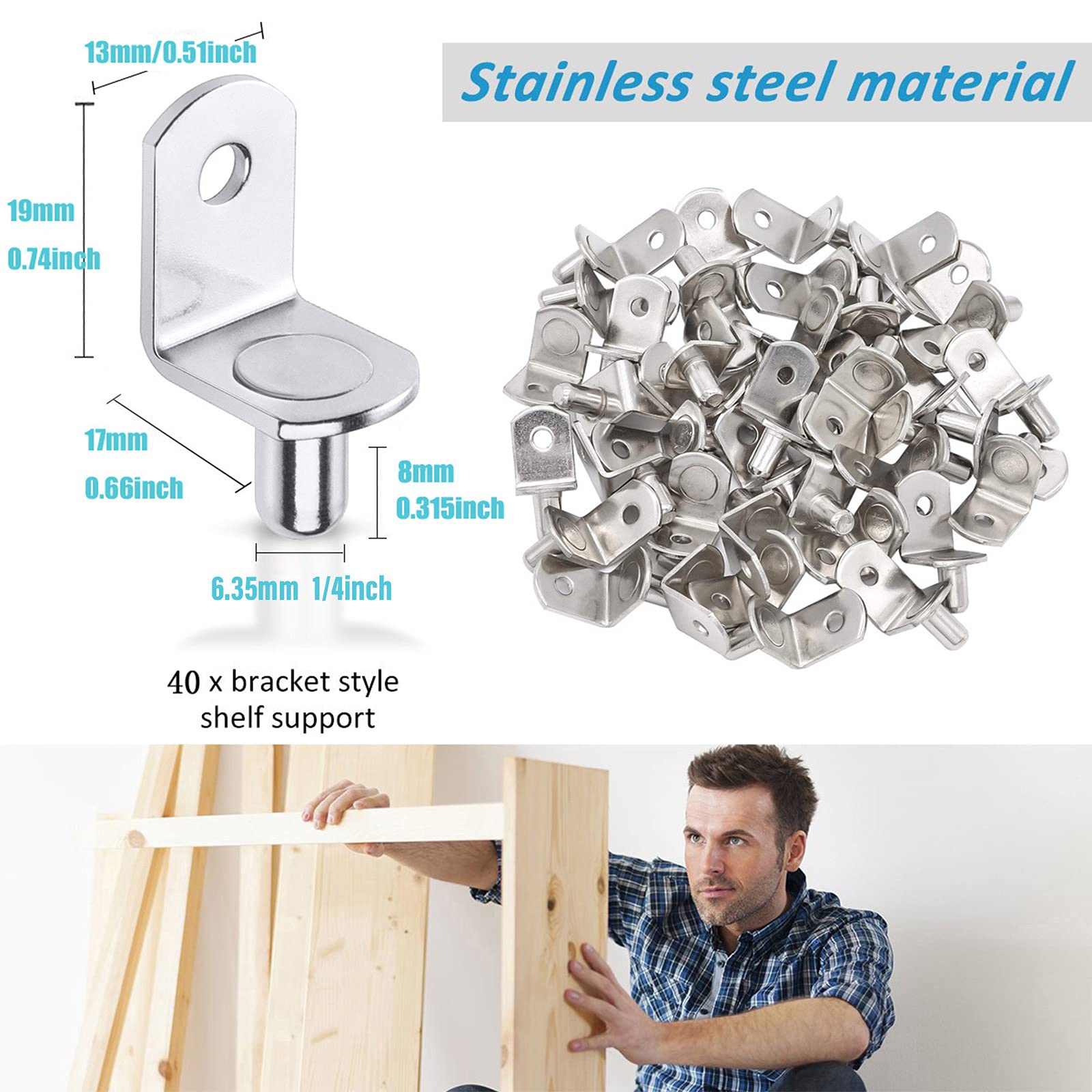 40 Pcs Shelf Support Pegs,1/4 Inch Diameter Shelf Bracket Pegs with Hole,Nickel Plated L-Shaped Clips for Kitchen & Bookcase Shelf Cabinet Furniture Closet Shelf Pins Support