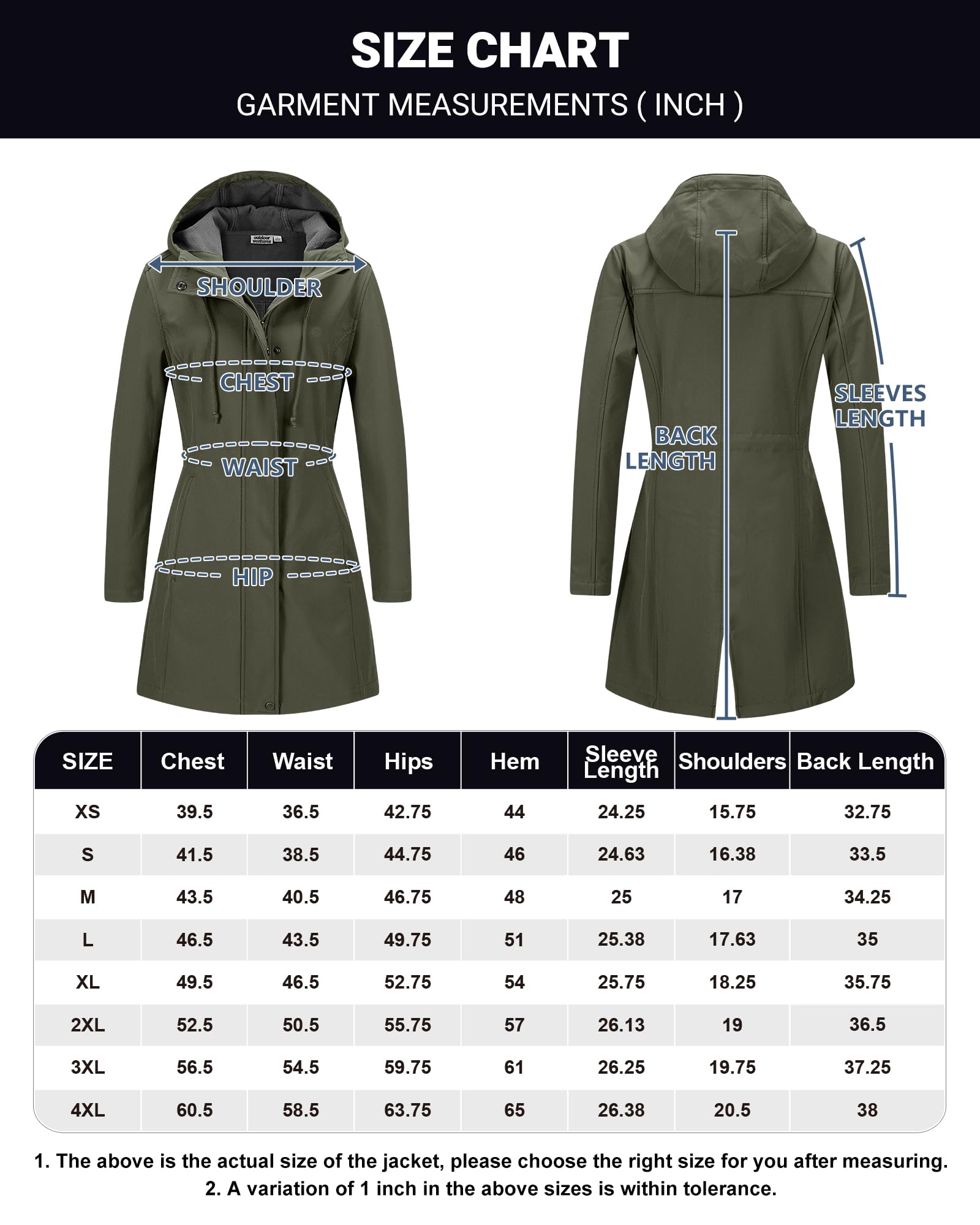 Outdoor Ventures Women's Lightweight Waterproof Fleece Lined Hooded Softshell Rain Jacket, Warm Windbreaker Long Coat
