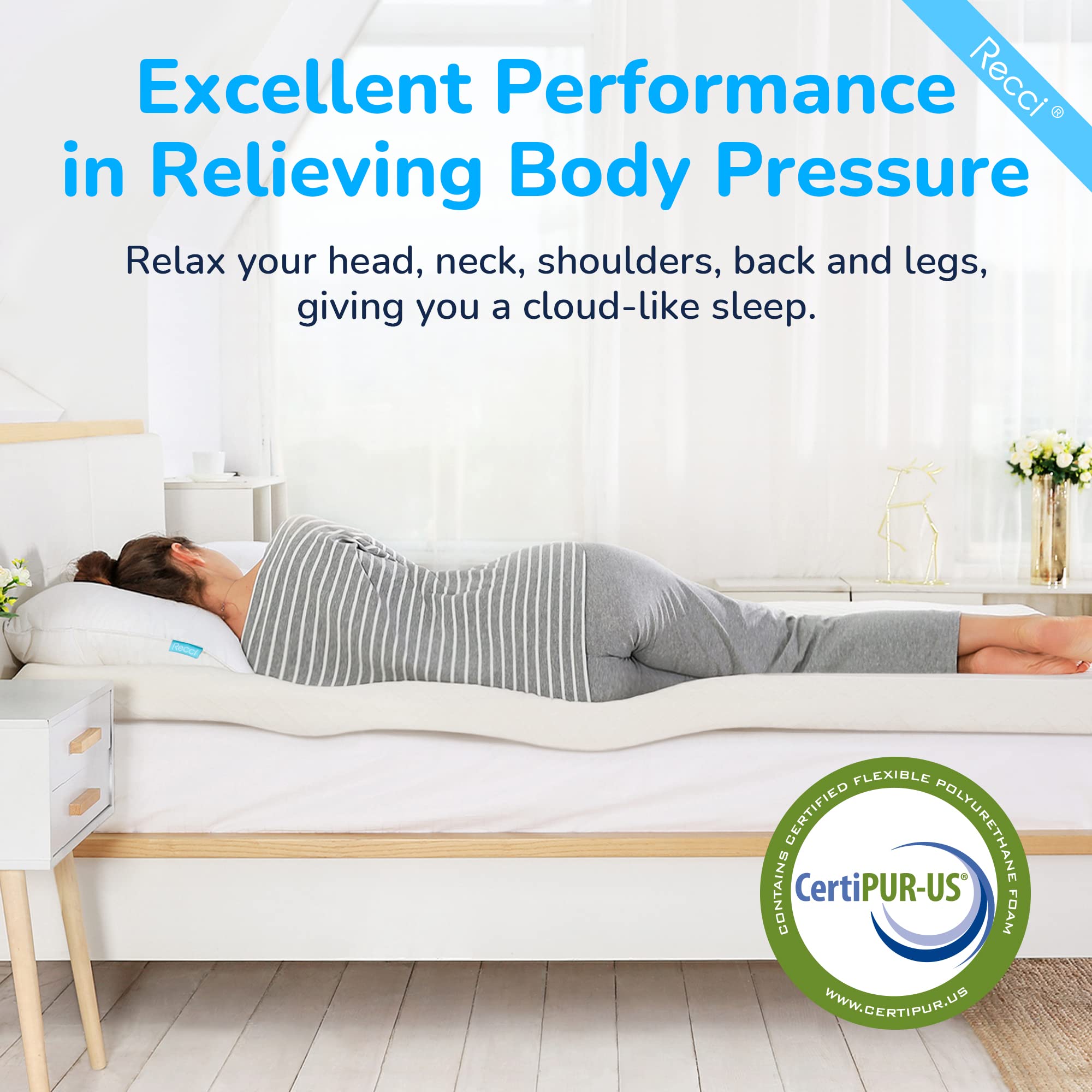 RECCI 3 Inch Queen Memory Foam Mattress Topper, Pressure-Relieving Mattress Topper for Back Pain, Non-Slip Design with Removable & Washable Cover, CertiPUR-US Certified, Queen Size