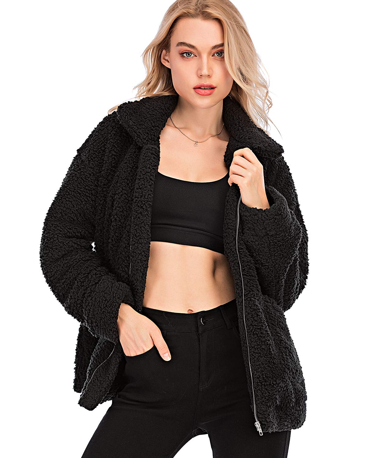 Women's Coat Casual Lapel Fleece Fuzzy Faux Shearling Zipper Coats Warm Winter Oversized Outwear Jackets (Black,XL)