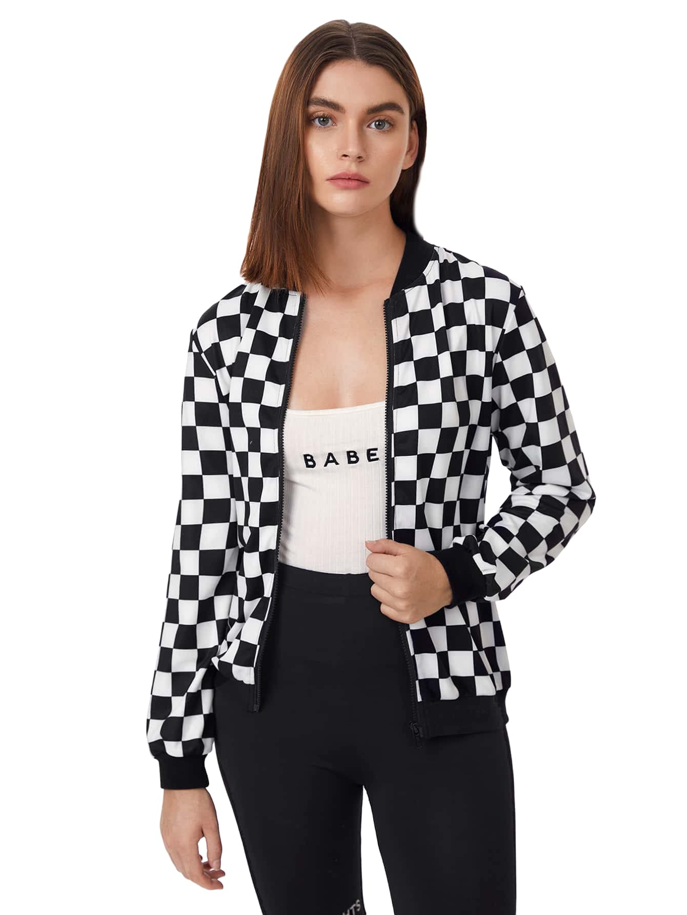 WDIRARA Women's Zip Front Plaid Print Long Sleeve Stand Collar Casual Jacket Black and White S