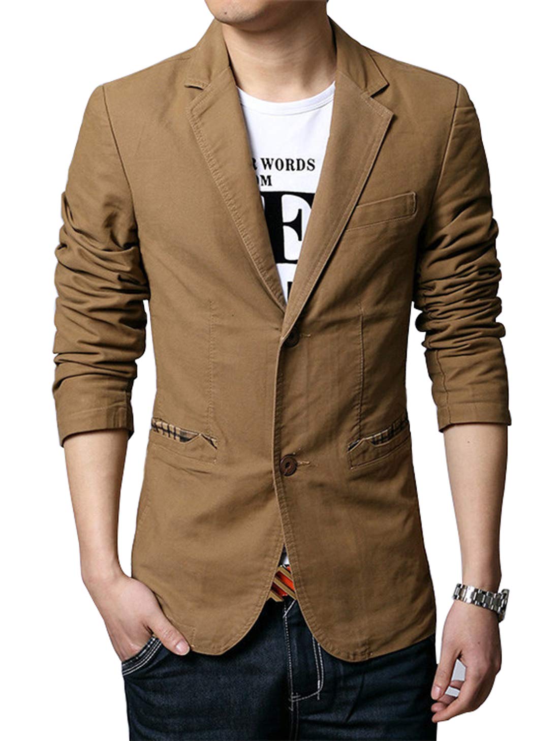 chouyatou Men's Slim 2-Button Single Breasted Cotton Lightweight Blazer Jacket Sport Coat (Large, Khaki)