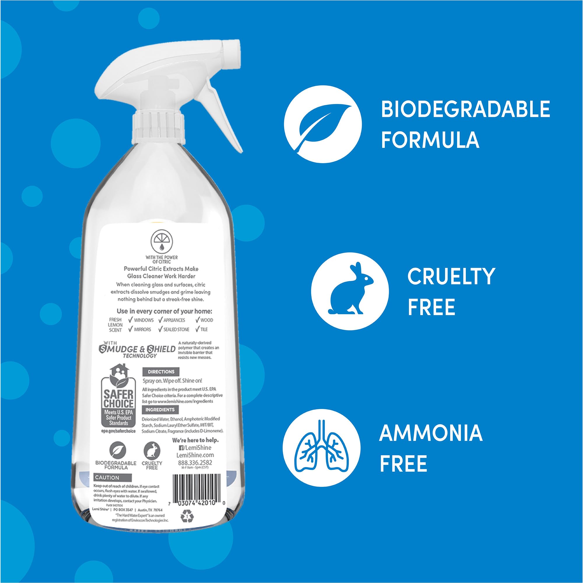 Lemi Shine Glass & Surface Cleaner - Multi-Surface Glass Cleaner Spray with Powerful Citric Acid, Cleans Smudges and Streaks From Windows, Glass, And Mirrors, 28oz - 3 Pack