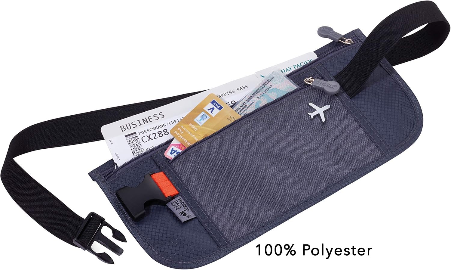 TROIKA SICHERHEITSGURT – BLB20/DB – Belt bag + 2 zipper compartments – money belt –fraud prevention (RFID chips) – for tickets, passport, ID card, driving license, boarding cards – TROIKA-original