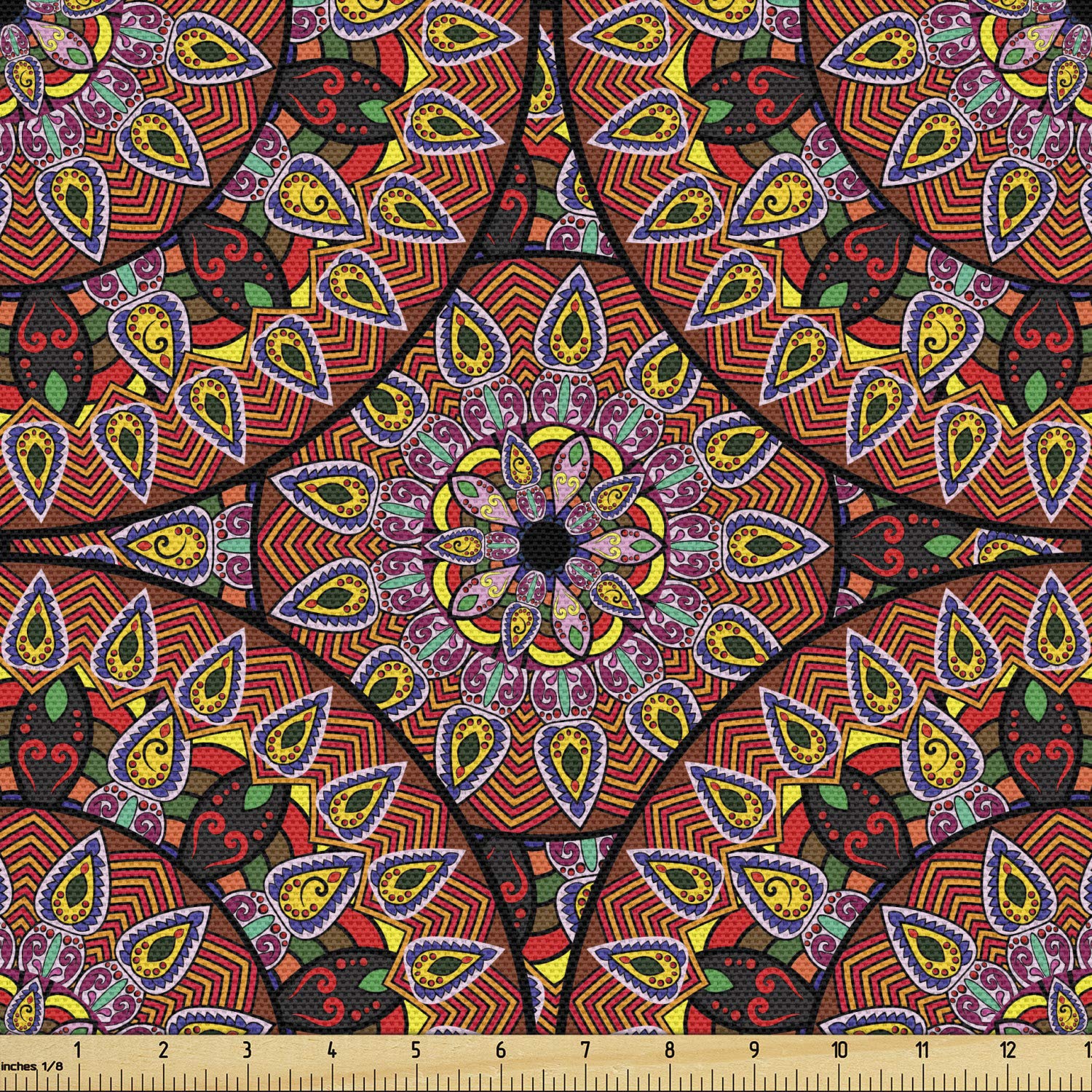 Ambesonne Bohemian Fabric by The Yard, Colorful Round with Floral Details Traditional Peruvian Motifs, Decorative Fabric for Upholstery and Home Accents, 1 Yard, Coral