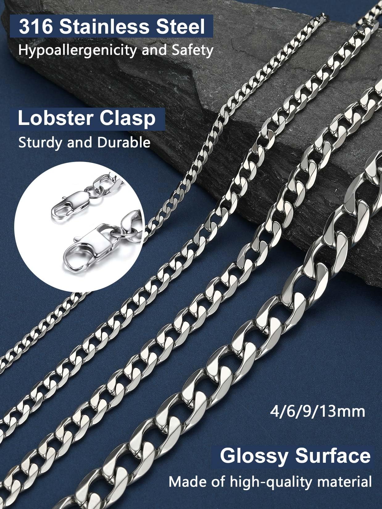 Silver Curb Chain 9mm Chain Stainless Steel Choker Necklace Mens Father's Day Gift