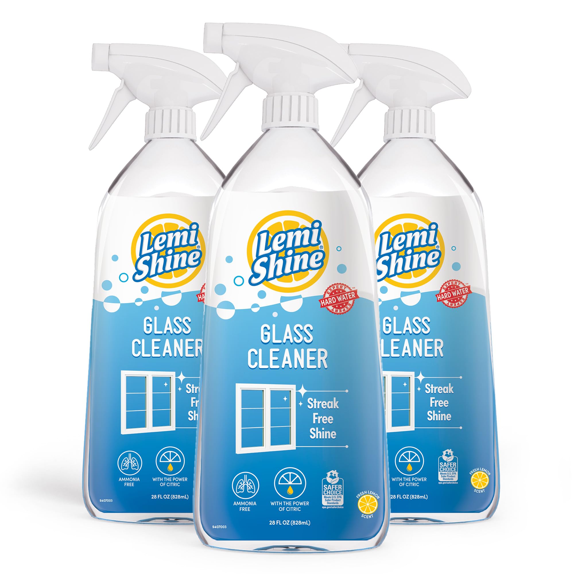 Lemi Shine Glass & Surface Cleaner - Multi-Surface Glass Cleaner Spray with Powerful Citric Acid, Cleans Smudges and Streaks From Windows, Glass, And Mirrors, 28oz - 3 Pack