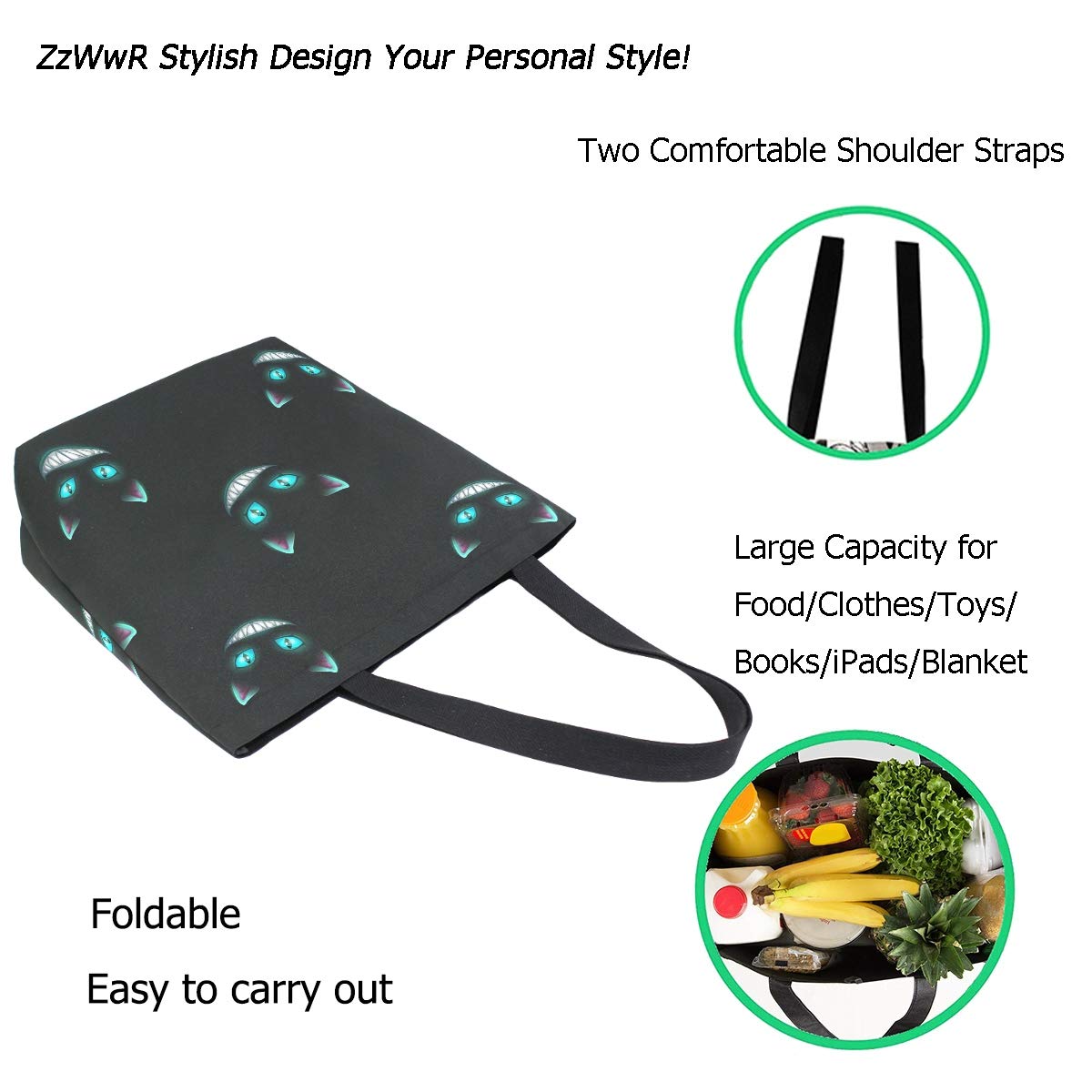 ZzWwR Stylish Funny Cheshire Cat Pattern Extra Large Canvas Beach Travel Reusable Grocery Shopping Tote Bag Portable Storage HandBag