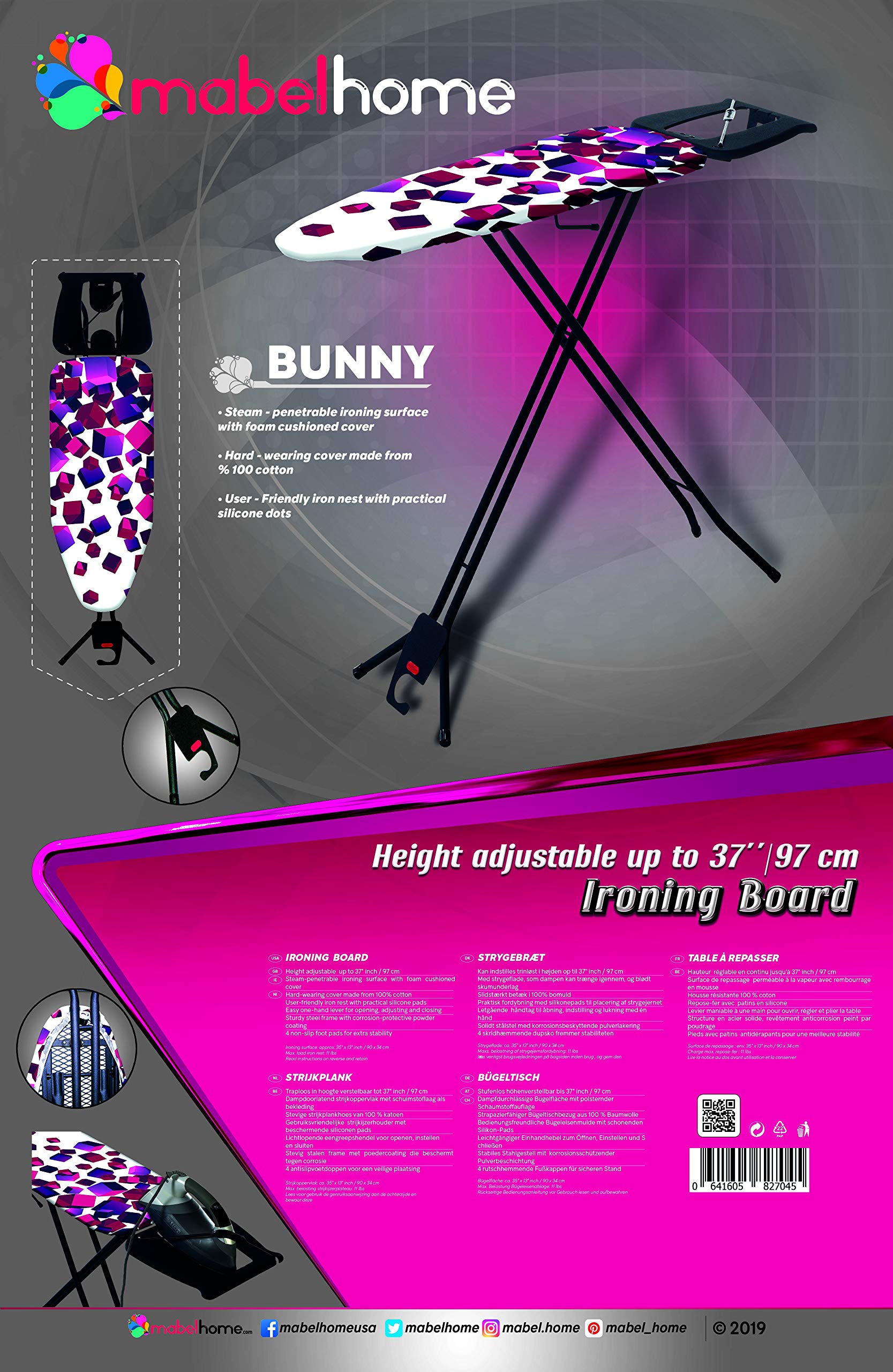 Mabel Home Ironing Board Made in Europe, Adjustable Height, Deluxe, 4-Leg, + Extra Cover, Easy Storage, 3 Different Model & Sizes (Space Saver (36" x 13"))