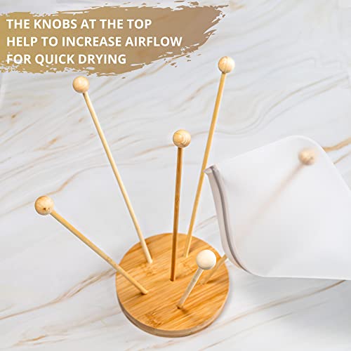 May Bright Products Bamboo Drying Rack for Reusable Storage Bags - Plastic Bags - Water Bottles - Baby Bottles - Cups - Wine Glasses - Gloves and Mittens - 10 1/2β X 5 7/8β with Compact Storage