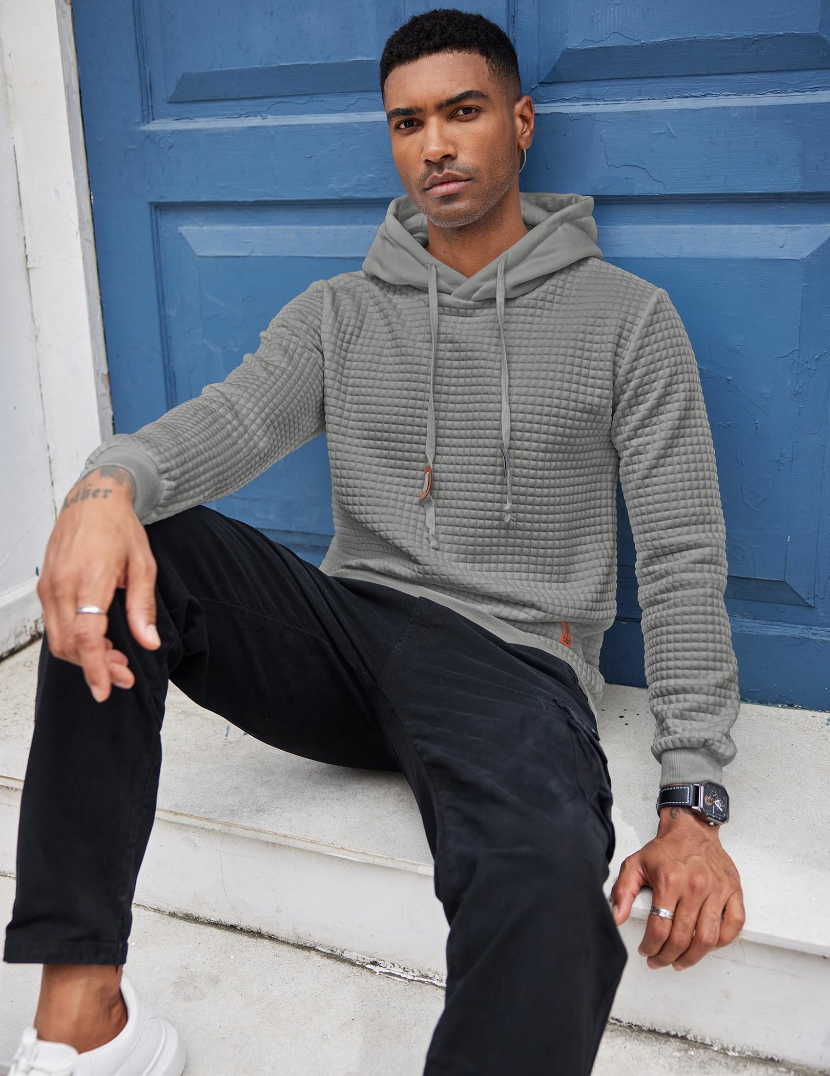 COOFANDY Mens Long Sleeve Drawstring Plaid Jacquard Hooded Sweatshirt, Grey, Medium
