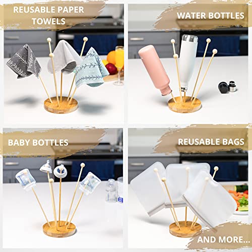 May Bright Products Bamboo Drying Rack for Reusable Storage Bags - Plastic Bags - Water Bottles - Baby Bottles - Cups - Wine Glasses - Gloves and Mittens - 10 1/2β X 5 7/8β with Compact Storage