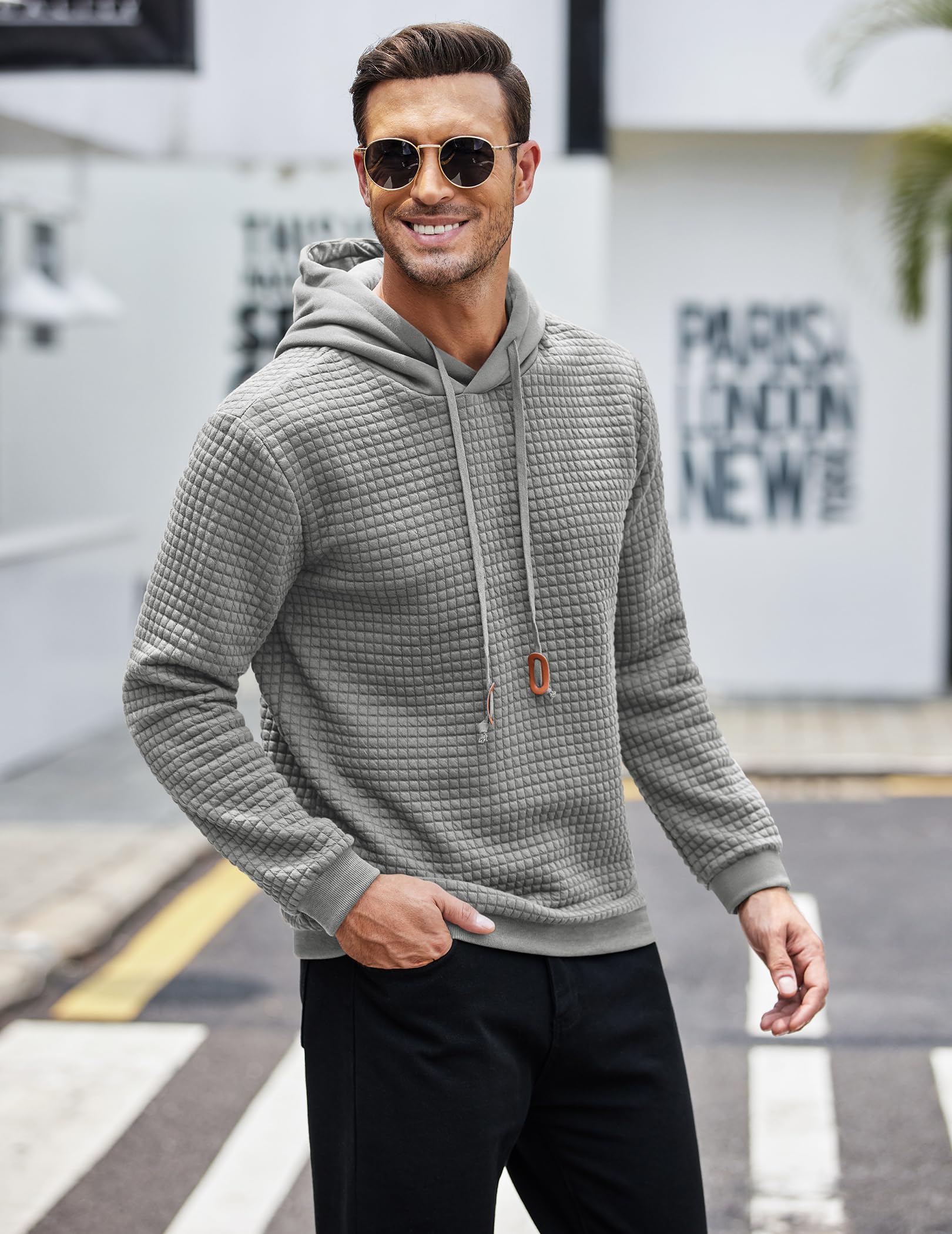 COOFANDY Mens Long Sleeve Drawstring Plaid Jacquard Hooded Sweatshirt, Grey, Medium