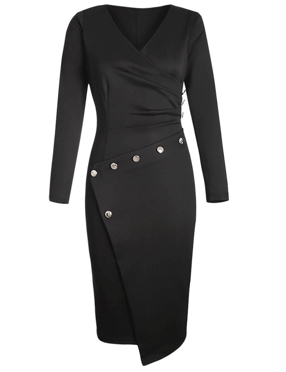 Lrady Women's Deep V Neck Casual Work Bodycon Long Sleeve Party Pencil Midi Dress, Black, X-Large
