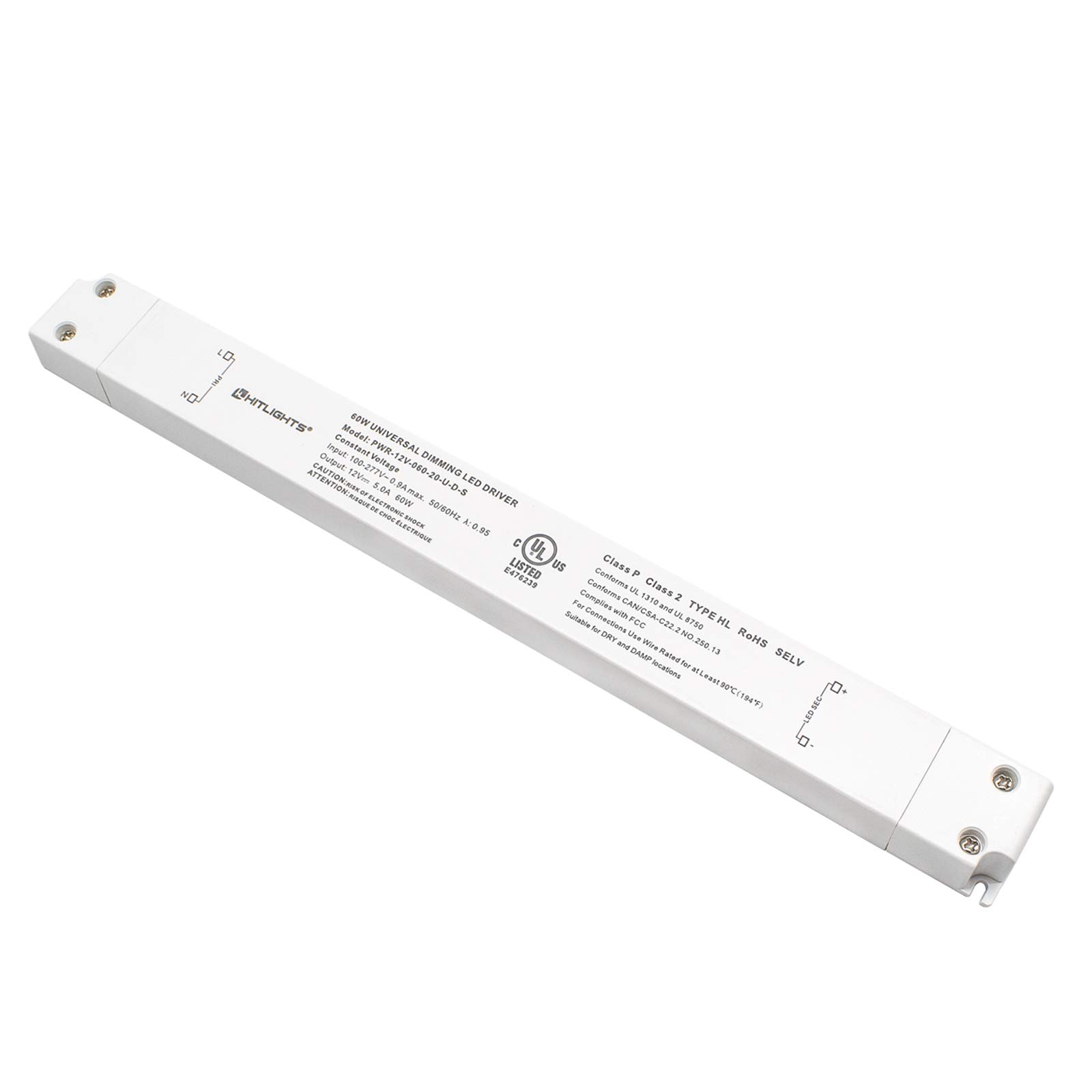 HitLights 60W Dimmable LED Driver Transformer, Power Supply 100-277V AC to 12V DC, 5A, Compatible with Lutron Leviton Dimmers, for LED Strip Lights, Constant Voltage LED Projects, UL-Listed,White