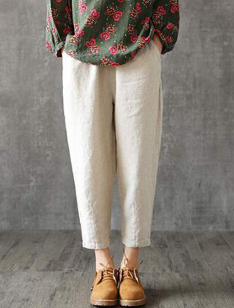 LaovanIn Women's Linen Cropped Pants Tapered Ankle Capris Trousers Elastic Waist X-Large Beige
