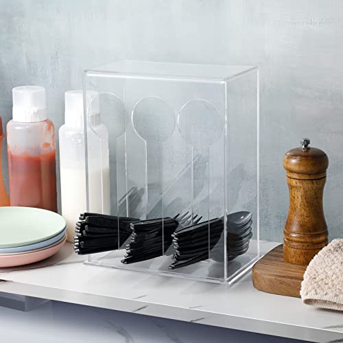 Acrylic Utensil Dispenser Clear Cutlery Organizer 3 Compartment Utensil Holder for Party Knife Spoon and Fork Holder Plastic Silverware Holder for Kitchen Countertop Flatware Restaurant Storage Caddy