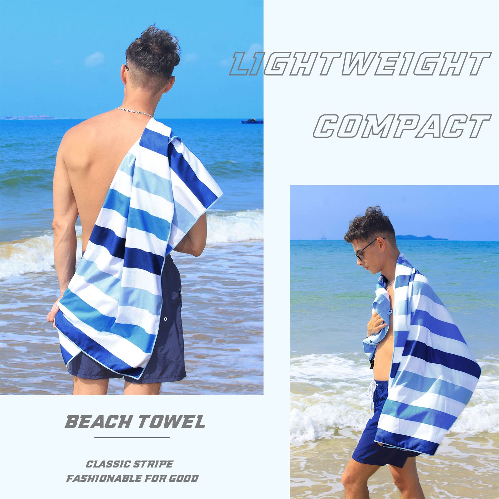 Exclusivo Mezcla Large Microfiber Quick Dry Beach Towel, Lightweight Sand-Free Cabana Stripe Pool Travel Camping Towel with Bag (Blue, 30x60 Inches)