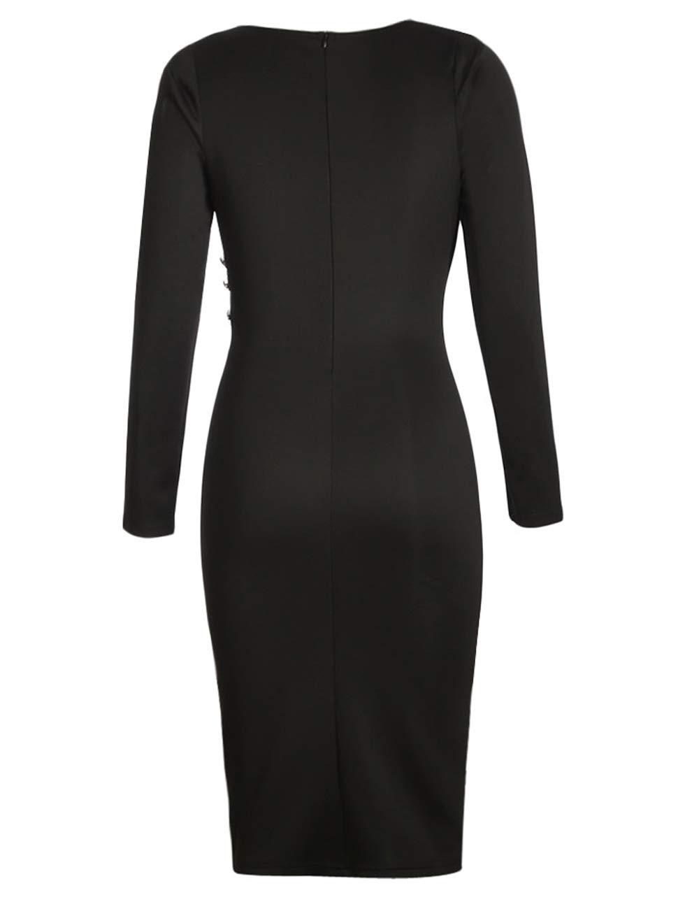 Lrady Women's Deep V Neck Casual Work Bodycon Long Sleeve Party Pencil Midi Dress, Black, X-Large