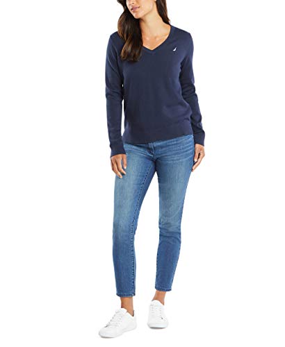 Nautica Women's Effortless J-Class Long Sleeve 100% Cotton V-Neck Sweater, Navy, Large