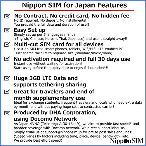 Nippon SIM for Japan 30 Days 3GB 4G LTE Data (No Voice/Text) 3-in-1 SIM Card | docomo Network | Japan Local Support | No Activation No Contract | Supports Tethering | 短期帰国・短期来日最適 安心メーカーサポート
