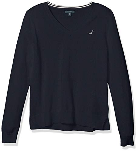 Nautica Women's Effortless J-Class Long Sleeve 100% Cotton V-Neck Sweater, Navy, Large