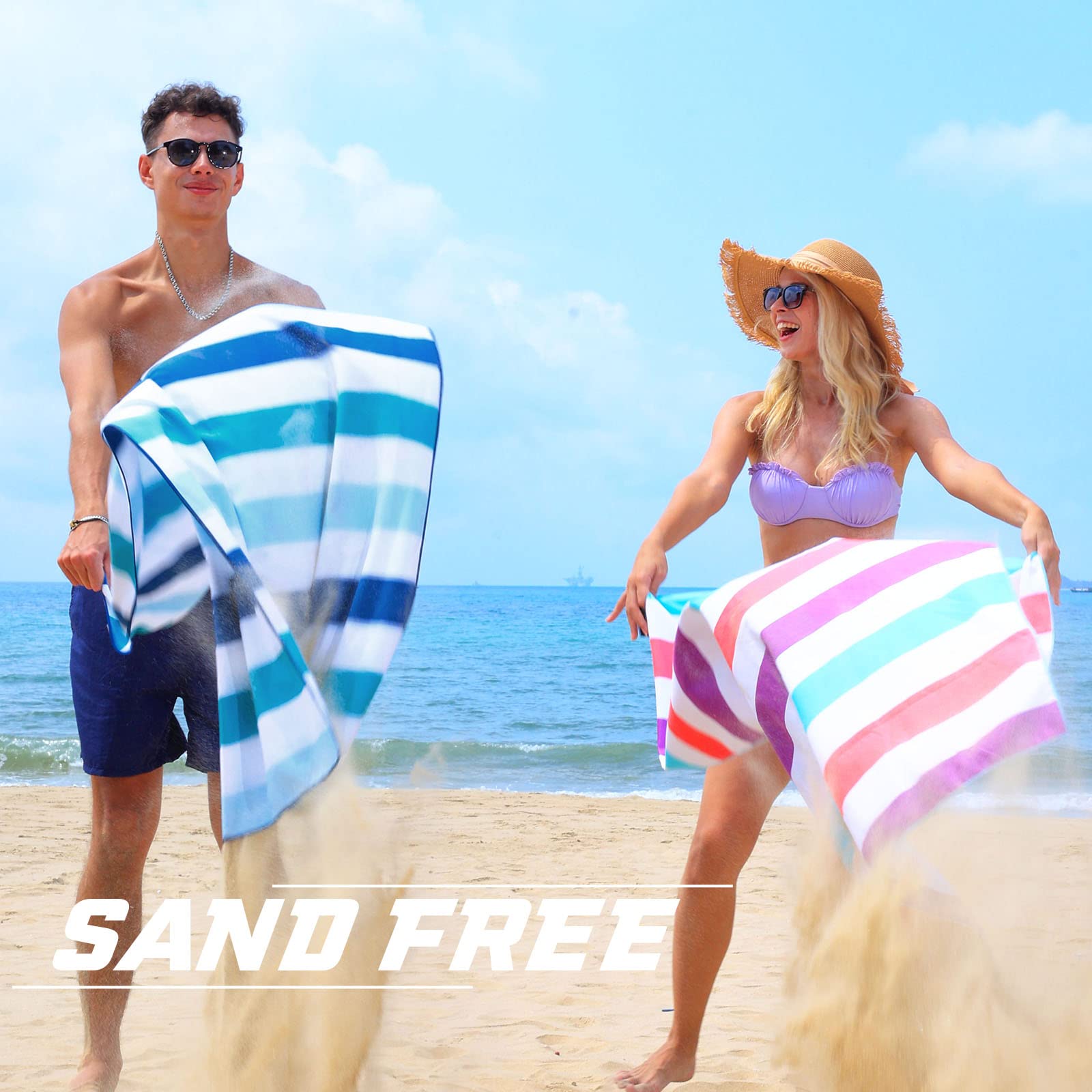 Exclusivo Mezcla Large Microfiber Quick Dry Beach Towel, Lightweight Sand-Free Cabana Stripe Pool Travel Camping Towel with Bag (Blue, 30x60 Inches)