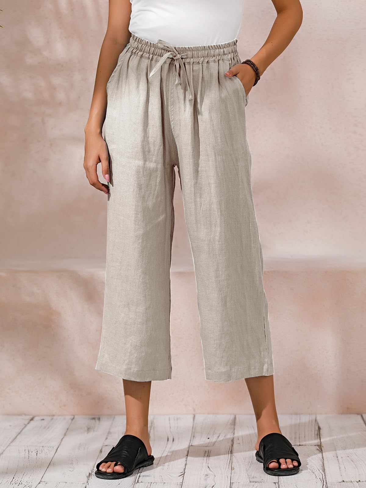 ECUPPER Womens Linen Cropped Pants Loose Casual Capri Cotton Wide Leg Plus Size Elastic Waist with Drawstring Trouses Natural XL