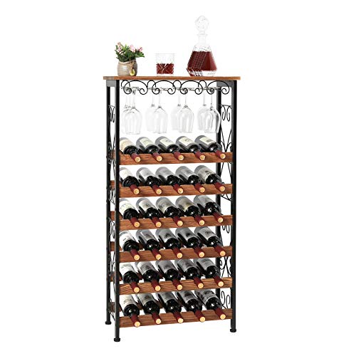 X-cosrack Rustic 30 Bottles Floor Wine Rack Shelf with Wine Glass Holder Rack, Freestanding Wobble-Free 6 Tier Wine Bottle Organizer Display Storage Stand for Kitchen Pantry Patent Pending