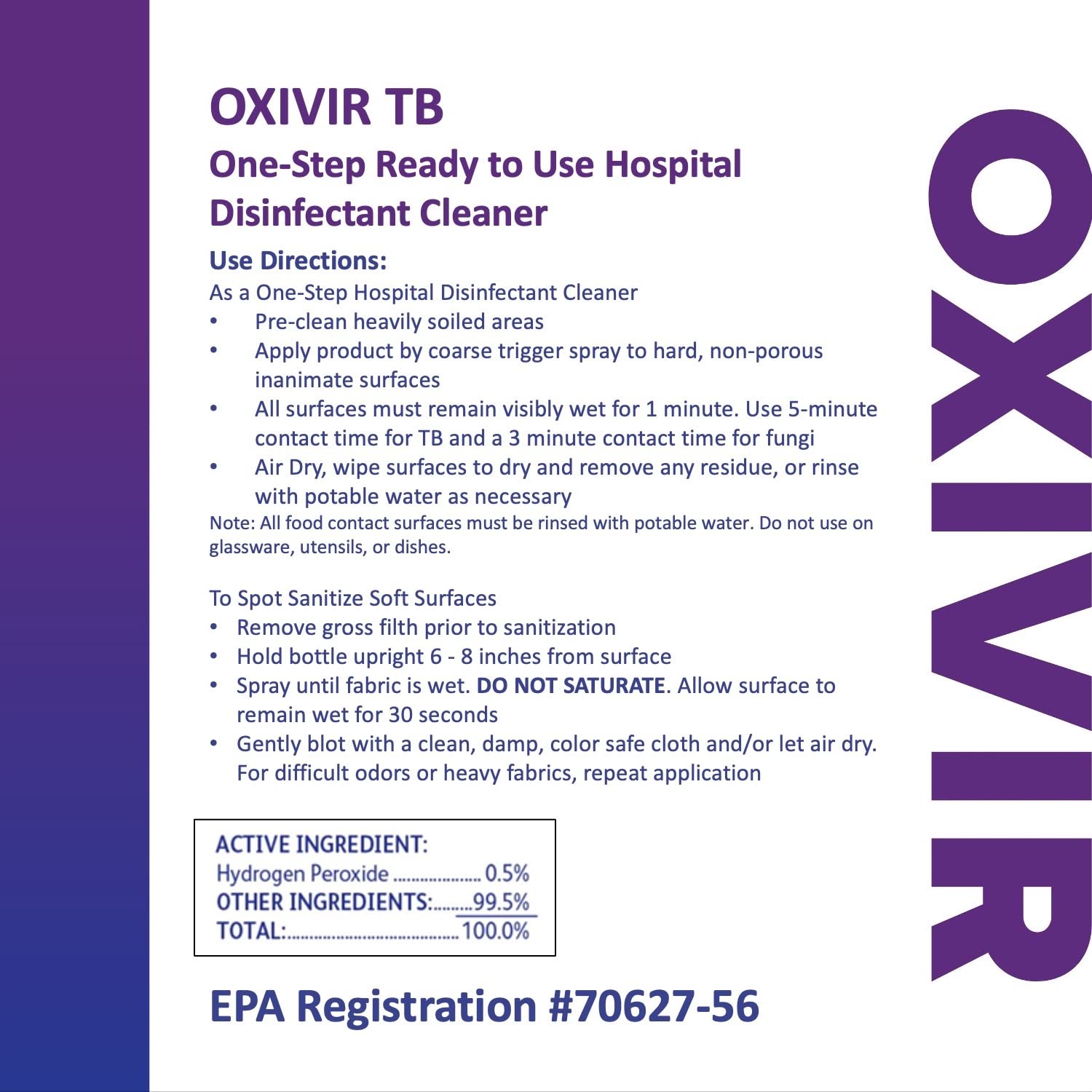 Oxivir Diversey 100898636 Tb One-Step Disinfectant Cleaner, Hospital Grade Accelerated Hydrogen Peroxide AHP, No Fragrance Added, Ready-to-Use Liquid, 1-Gallon