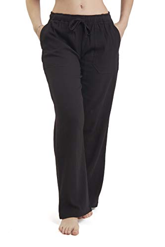 J CE Women's Cotton Gauze Low Waist Beach Pants with Pockets (Black, L)