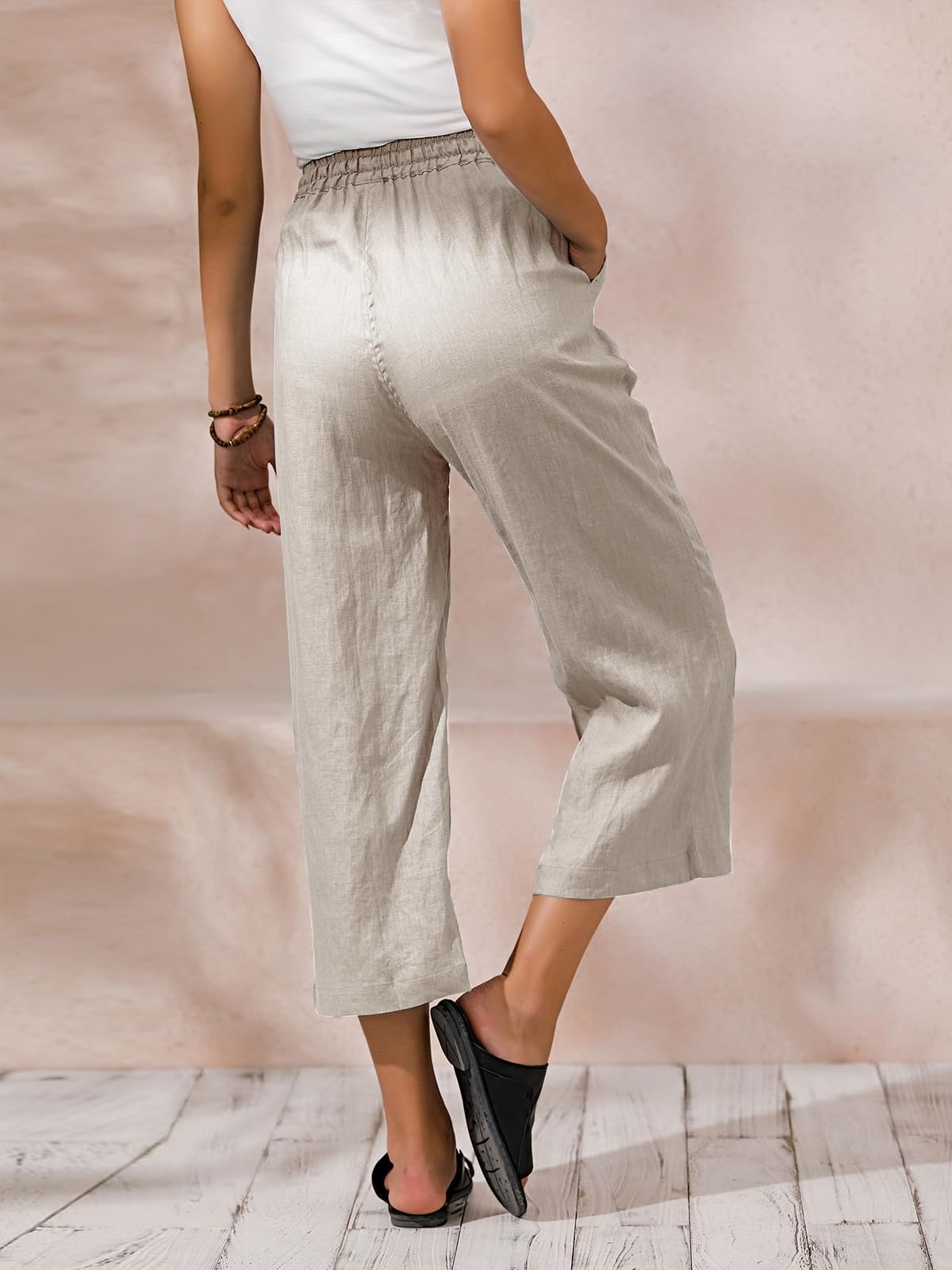 ECUPPER Womens Linen Cropped Pants Loose Casual Capri Cotton Wide Leg Plus Size Elastic Waist with Drawstring Trouses Natural XL